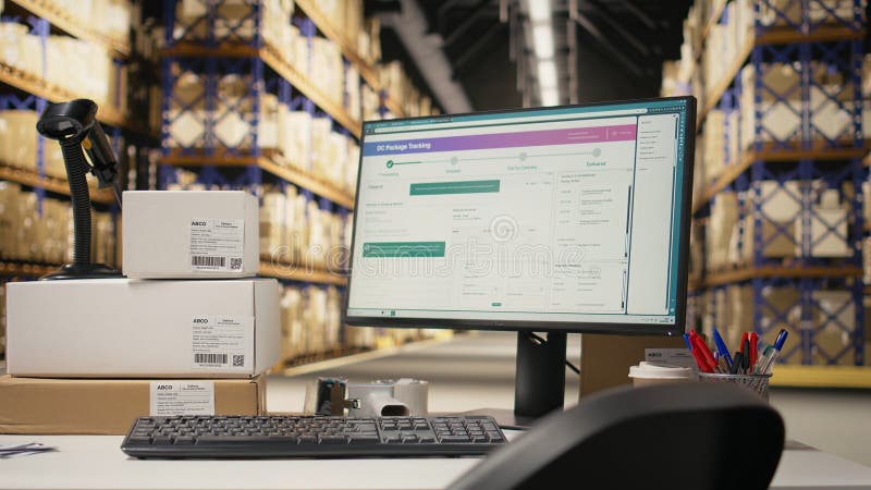 Empty Distribution Hub with Big Industrial Storage Racks Filled with Packages Stock Image ...