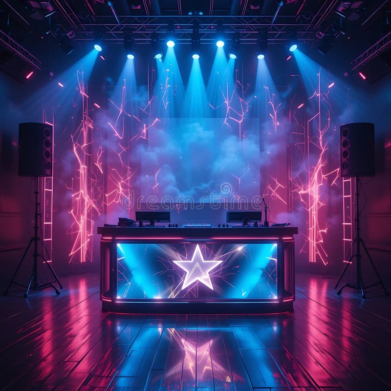 Empty Dj Stage with Neon Lights and Star Design Ready for Performance ...