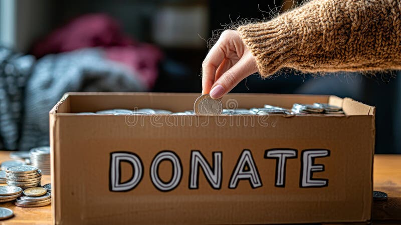 An Empty Donation Box with a Hand Placing a Coin Inside it. Stock Image ...
