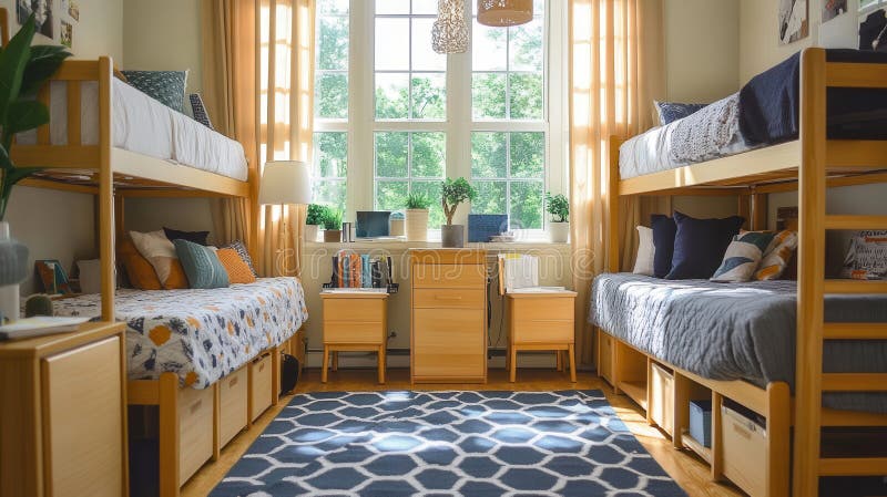 Empty Dorm Room with Bunk Beds and Study Area Stock Illustration ...