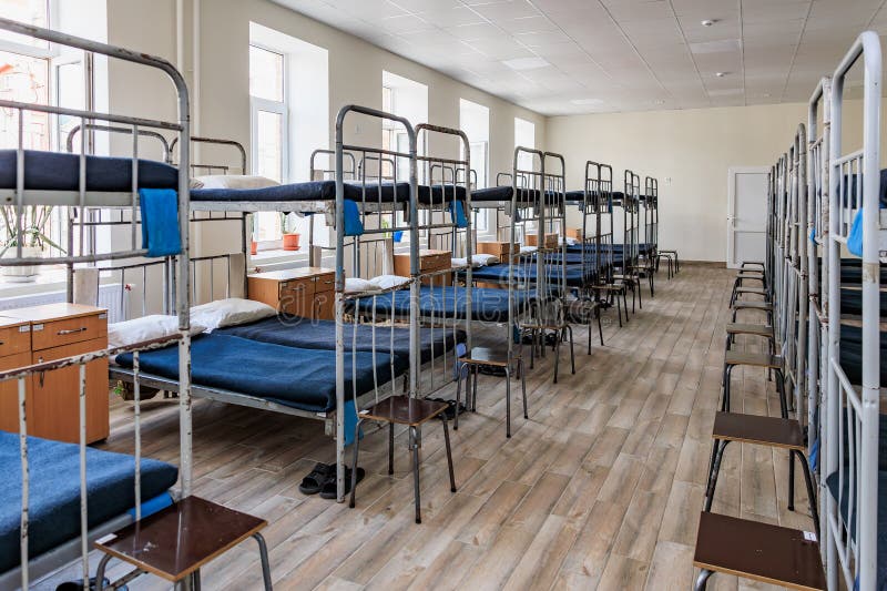 Empty Dormitory Room with Bunk Beds in Daylight Stock Photo - Image of ...