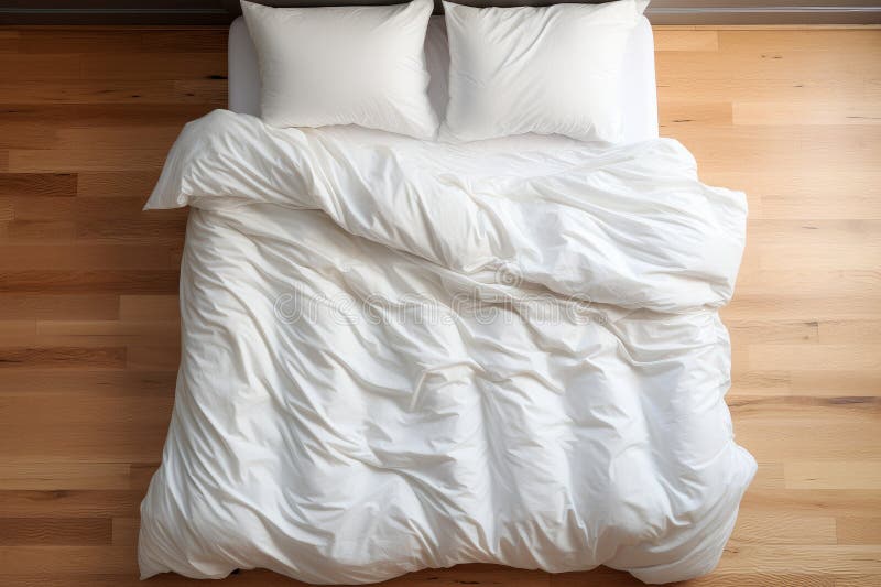 Empty Double Bed Covered with All White Duvets and Pillows.Top View ...