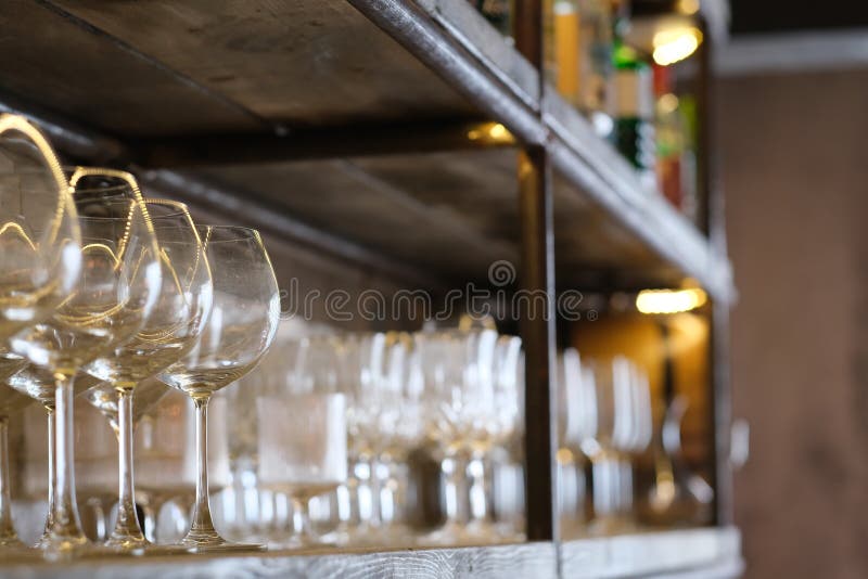 Empty Drinking Glasses on Retro Wooden Shelf Stock Image - Image of ...