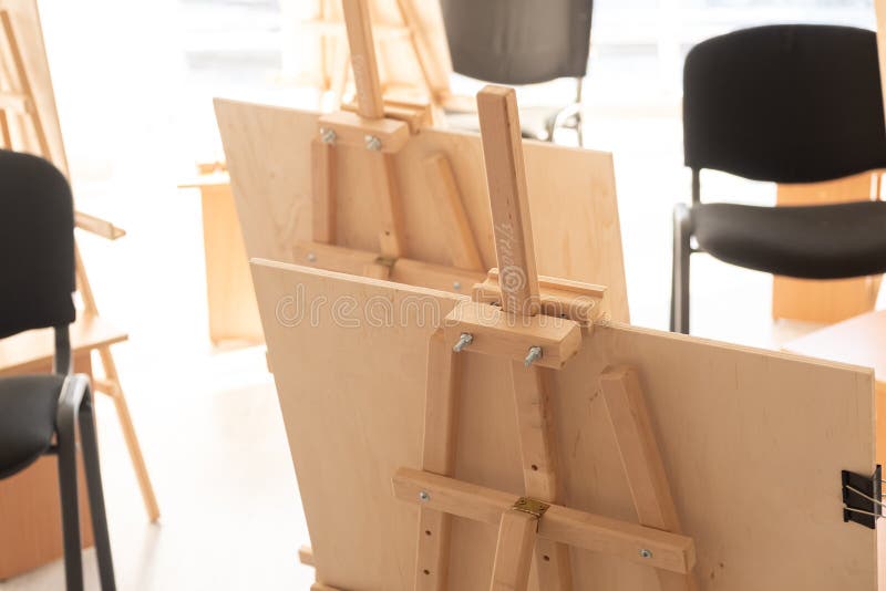 Empty Easels in Art Studio, Rear View, Blur and Selective Focus Stock ...