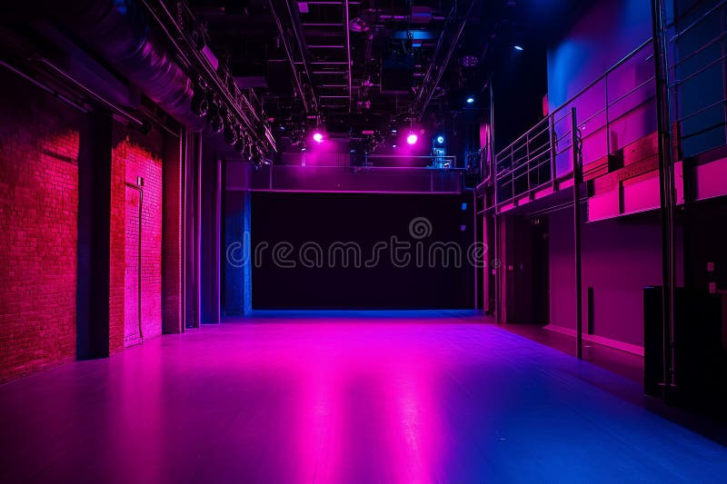 An Empty and Eclectic Performance Stage in Dim Purple and Blue Lighting ...