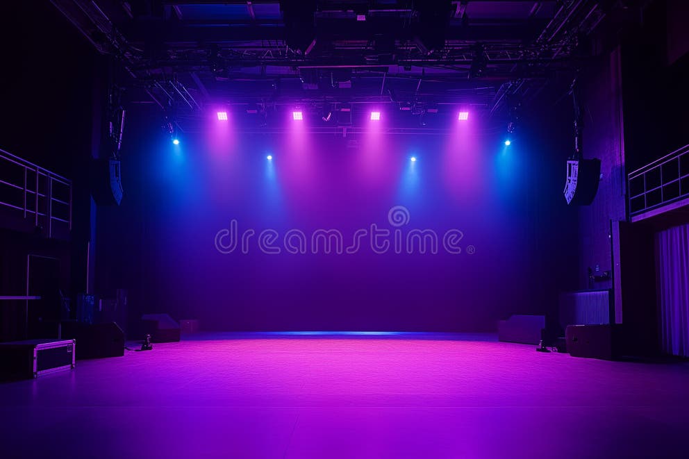 An Empty and Eclectic Performance Stage in Dim Purple and Blue Lighting ...