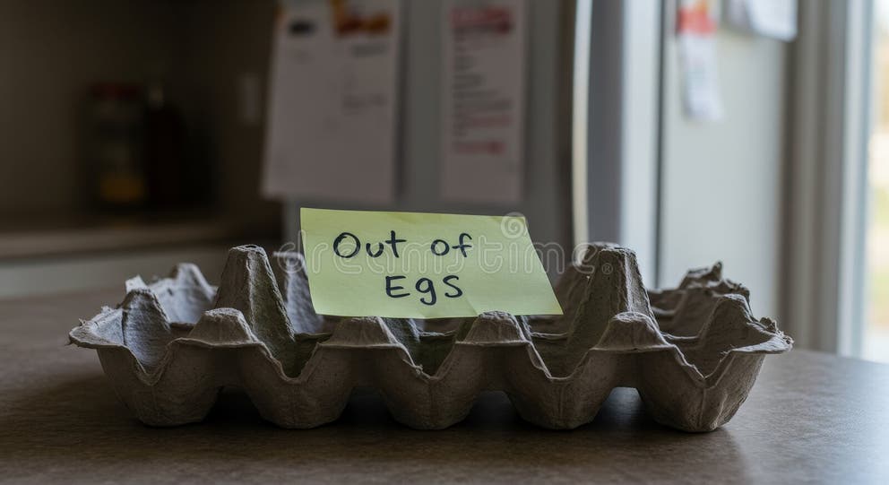 Empty Egg Carton with a Note Indicating No Eggs are Available on a ...