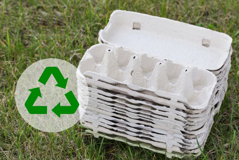 Empty Egg Cartons, Paper Container on Green Grass Background. Recycling ...