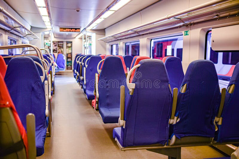 Empty Electric Train Blue and Red Chairs. No People Stock Photo - Image ...