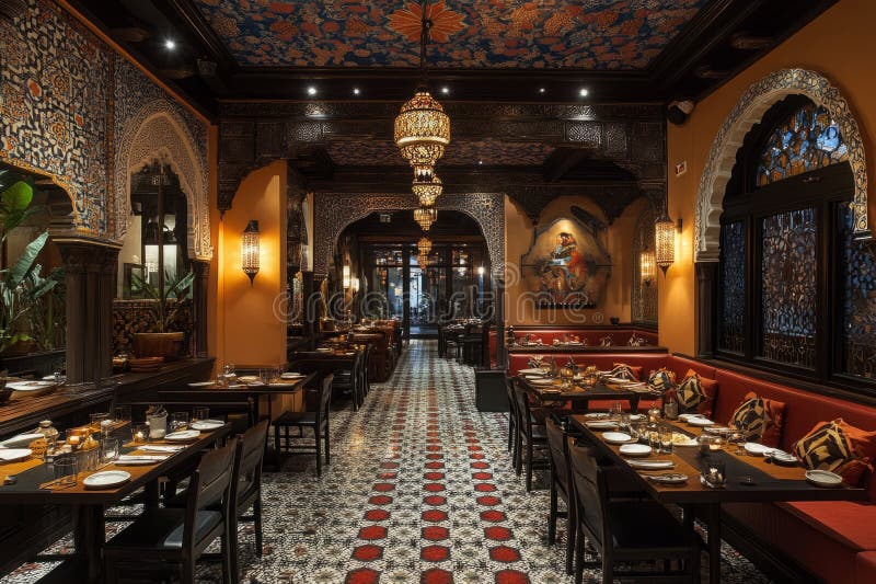 Empty Elegant Moroccan Restaurant with Set Tables, Illuminated by ...
