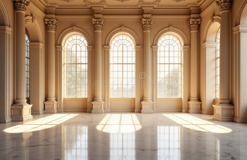 Empty Elegant Palace Hall with Large Windows. Sunlight Casts Shadows on ...