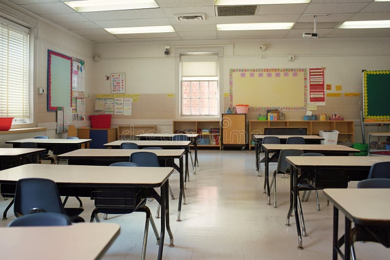Empty Elementary School Classroom with Gray Floor, White Walls, and ...