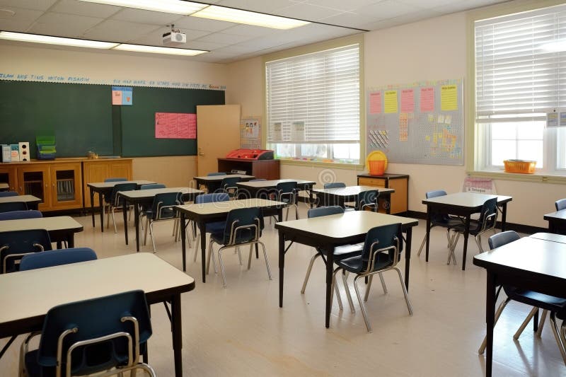 Empty Elementary School Classroom with Gray Floor, White Walls ...