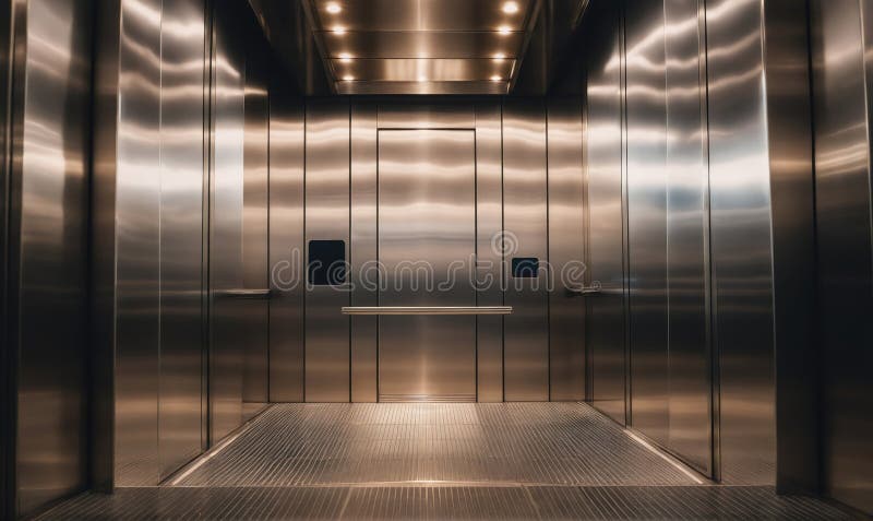 An Empty Elevator with Stainless Steel Walls and a Metallic Floor, Lit ...