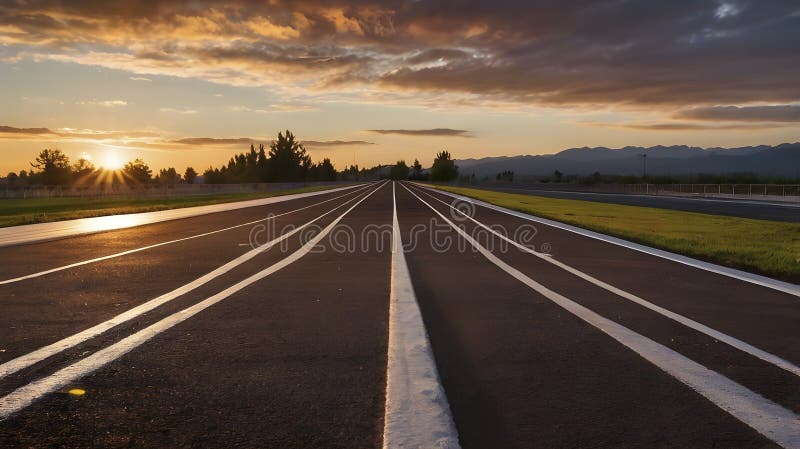 Empty Endless Running Track at Sunset Stock Photo - Image of line ...