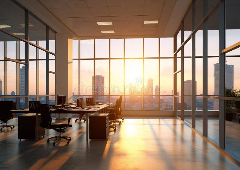 Empty Evening Business Office with Large Windows and Sunrise.Macro.AI ...