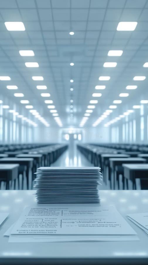 Stack of Exam Papers in Empty Examination Hall Stock Illustration ...