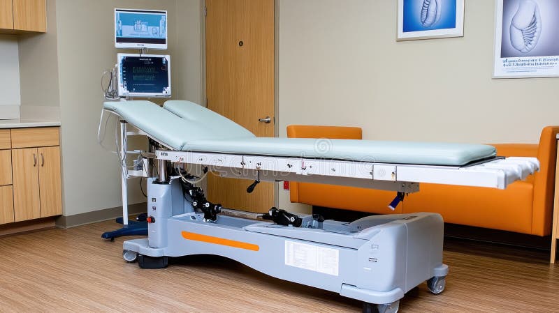 Modern Medical Examination Table with Integrated Computer Monitors in ...