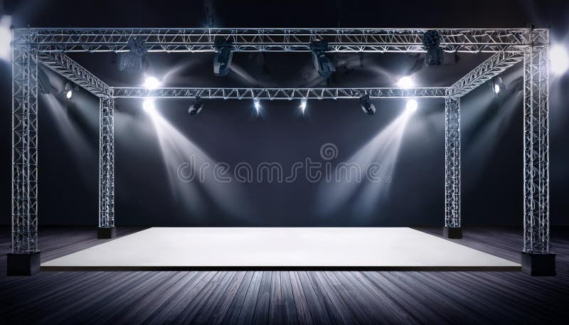 Empty Exhibition Stage with Truss and Lighting in Dark Room. 3D ...