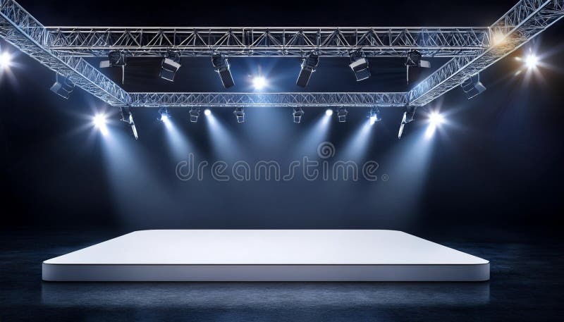Empty Exhibition Stage with Truss and Lighting in Dark Room. 3D ...