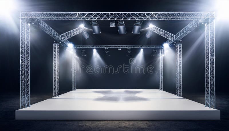 Empty Exhibition Stage with Truss and Lighting in Dark Room. 3D ...