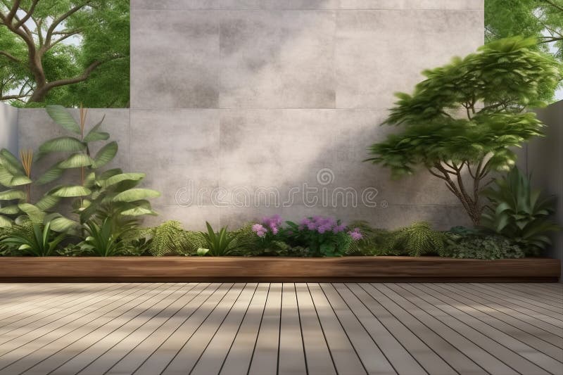 Empty Exterior Concrete Wall with Tropical Style Garden 3d Render ...