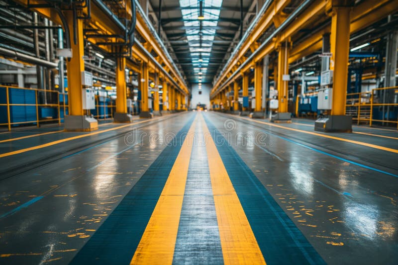 Empty Factory Corridor with Bright Yellow and Blue Lines. Stock Photo ...