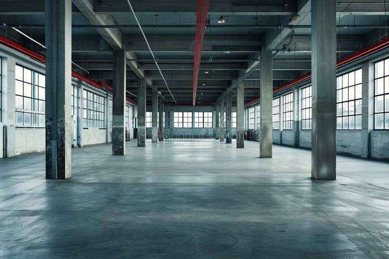 Empty Factory Interior with Concrete Pillars and Windows Stock ...
