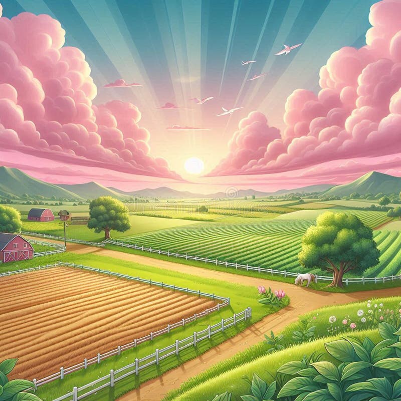 Empty Farm with Green View Blue Sky Pink Clouds Some Trees Growing ...