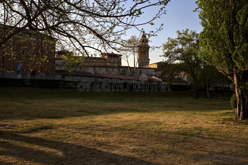 Empty Field at Sunset with a Palace in the Background Stock Image ...