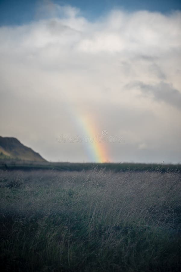 Empty Field Under a Cloudy Sky with a Beautiful Rainbow Stock Photo ...