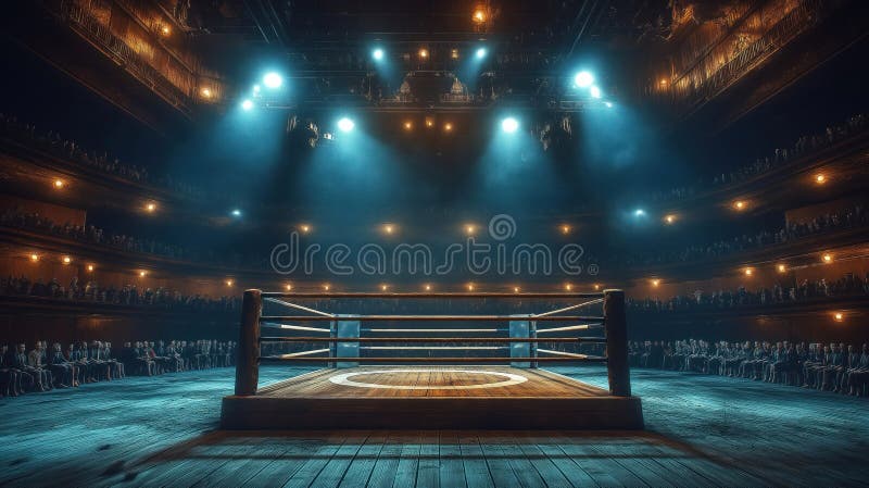 Empty Fighting Ring in Large Arena. Spectators Fill Grandstands ...