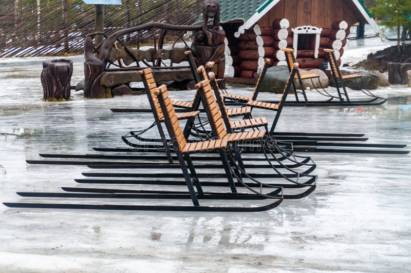 Empty Finnish Sleds Stand in a Row on the Ice Stock Image - Image of ...