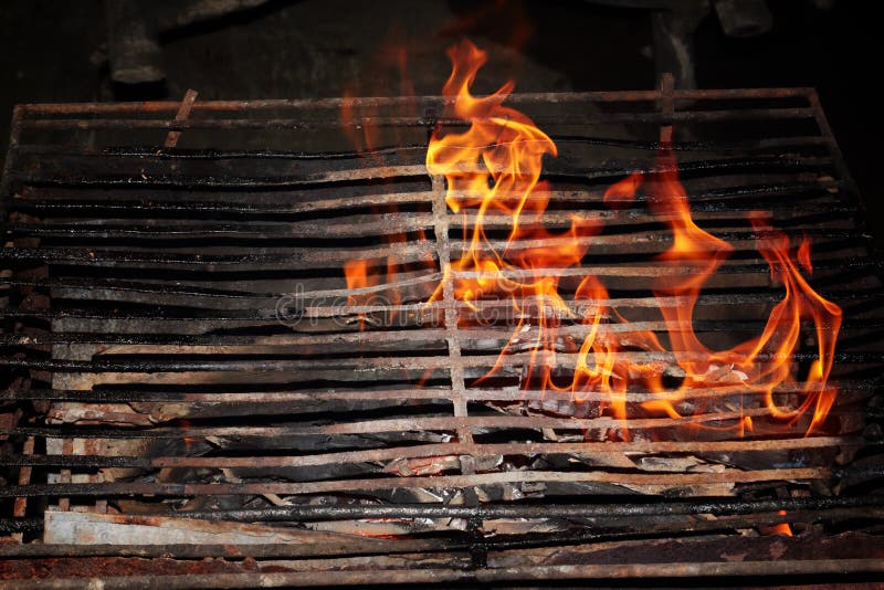 Empty Flaming Charcoal Grill with Open Fire with Copyspace. Summer ...