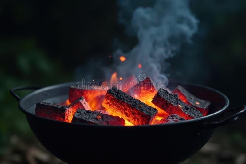 Empty Flaming Portable BBQ, Hot Coals on Black , Coals, Background ...