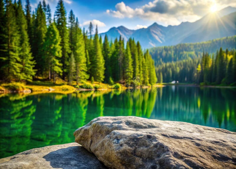 Empty Flat Rock Surface Mockup Stunning Evergreen Forest and Lake Background for Realistic ...