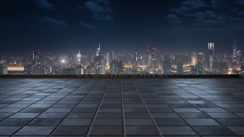 Empty Floor with Cityscape and Skyline at Night Stock Illustration ...