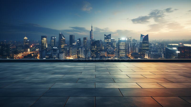 Empty Floor and Modern City Skyline with Building at Sunset. Generative ...