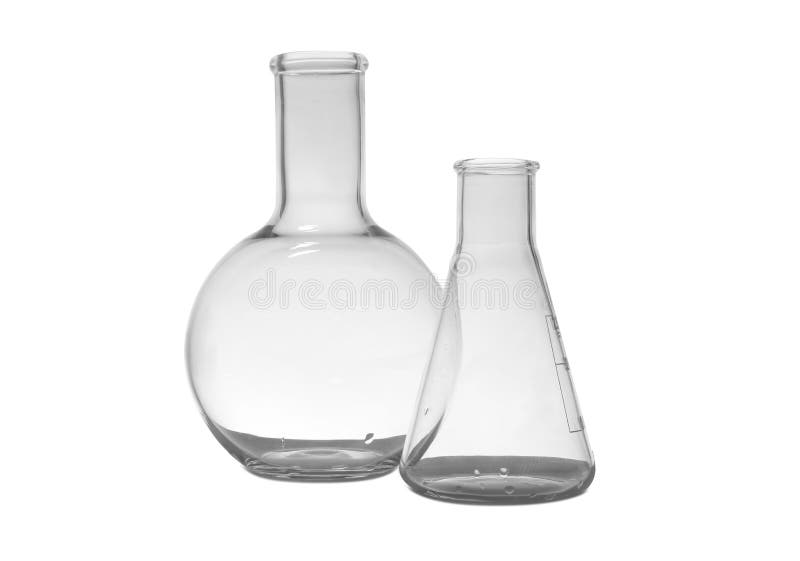 Conical Flasks with Transparent Liquid and Funnel on Table Against ...