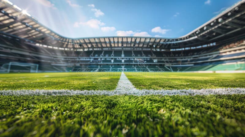 Empty Football Stadium with Sunlit Green Field and Clear Sky Stock ...