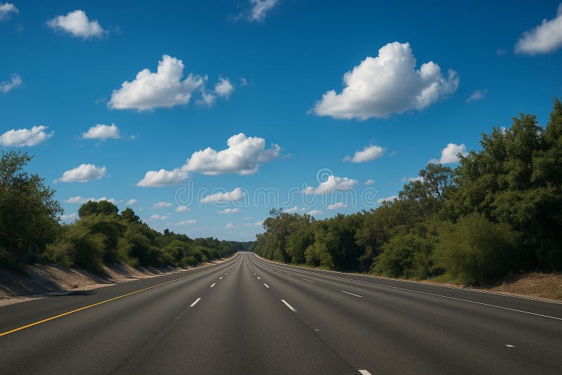 An Empty Four-lane Highway Stretches through a Scenic Landscape Under a ...