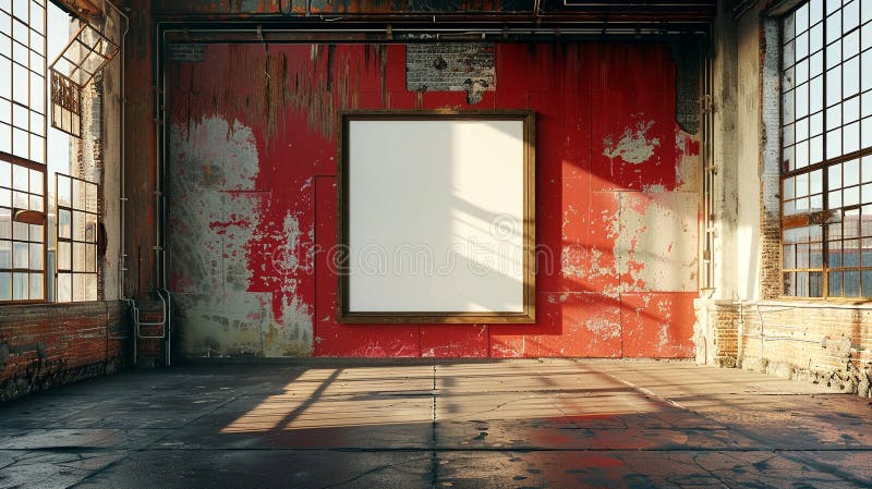 An Empty Frame on a Worn Red Wall in a Dilapidated Warehouse during ...