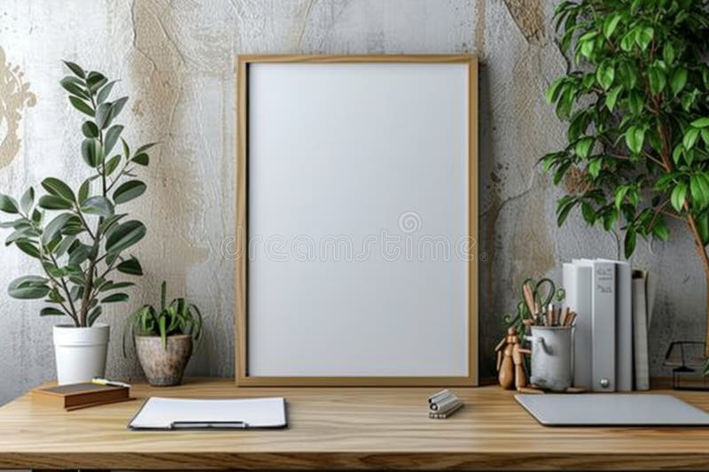 An Empty Frame Hanging on a Wooden Top Desk Stock Photo - Image of ...