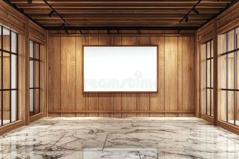 An Empty Frame Hangs on a Wooden Panel Wall in this Modern Museum ...