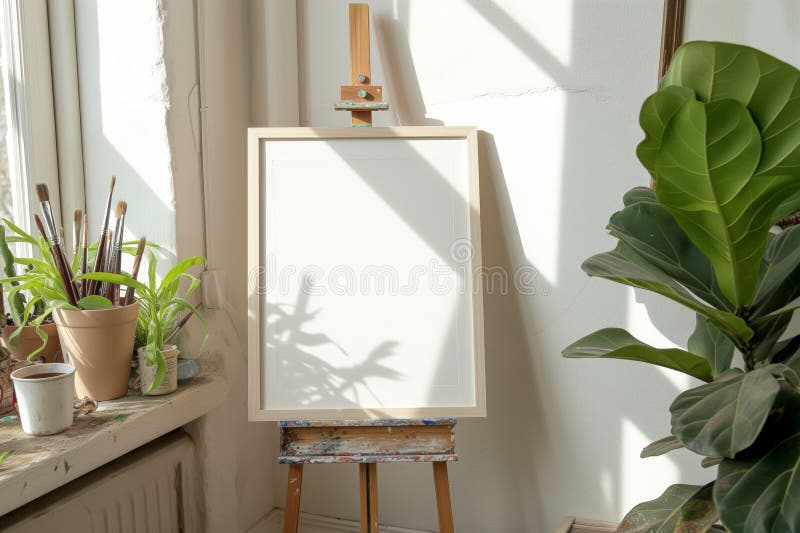 Empty Frame Propped Up on an Artists Easel in a Bright Studio Corner ...