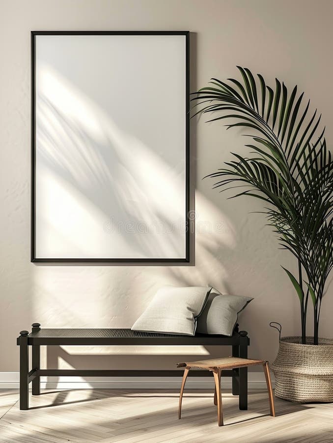 Empty Frame in Room, White Frame and Plant on Wall, Light Gray and Gray ...