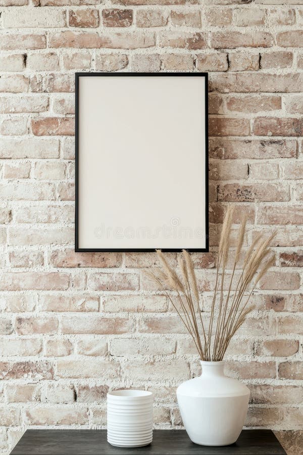 Empty Frame on Rustic Brick Wall with Vase and Dried Plants. Stock ...