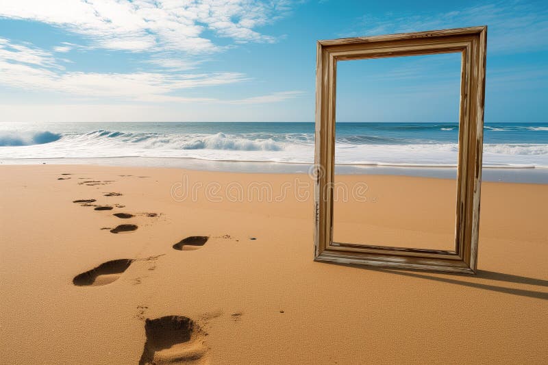 Empty Frame on a Sandy Beach with Footprints Leading To it Stock Image ...