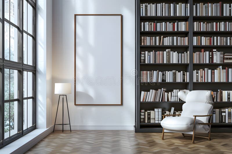 Empty Frame on Wall in Modern Home Library Room Stock Image - Image of ...
