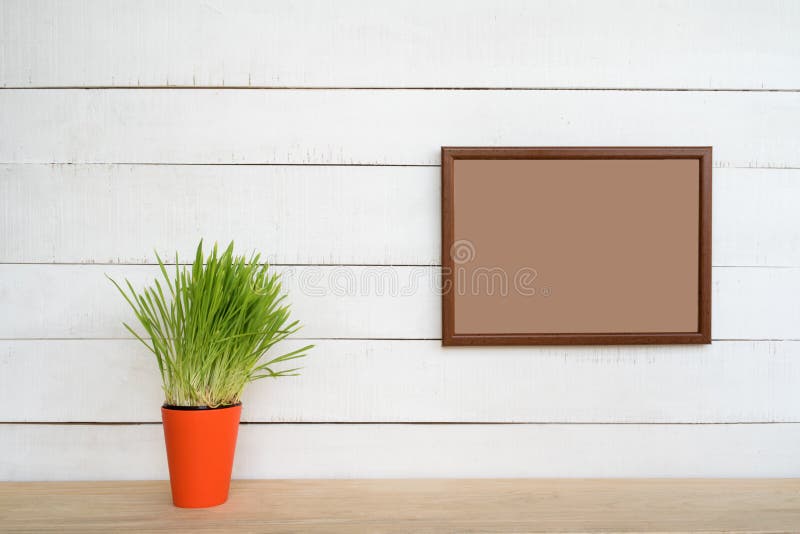 Empty Frame on White Wall. Place for Text, Green Houseplant Stock Image ...